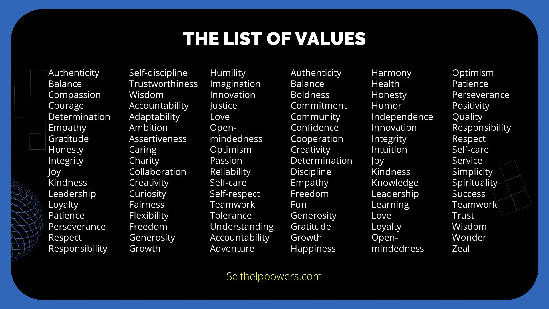 The List of Values - Self Help Powers